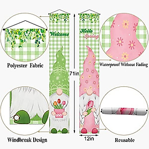 Pudodo Hello Spring Gnome Porch Banner Tulip Leaf Buffalo Plaid Check Holiday Front Door Banner Wall Hanging Party Decoration