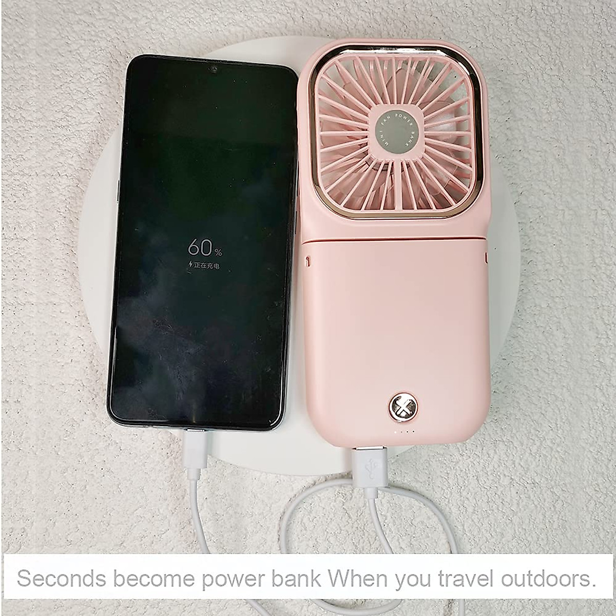 SHENSINGLE Handheld Fan Foldable Hanging Neck Fan 3 in 1 Small Fan with Phone Stand Power Bank Function 3 Speeds USB Charging Cooling Fan 3000mAh Battery Capacity for Home Office Travel (pink)