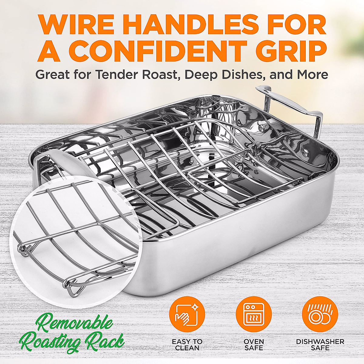 NutriChef 14-Inch Stainless Steel Kitchen Roasting Pan with Polished Wire Rack - Versatile Baking Set for Turkey, Chicken, Meats, & More - Premium & Heavy Duty Roaster for Oven w/ Built-In Handles