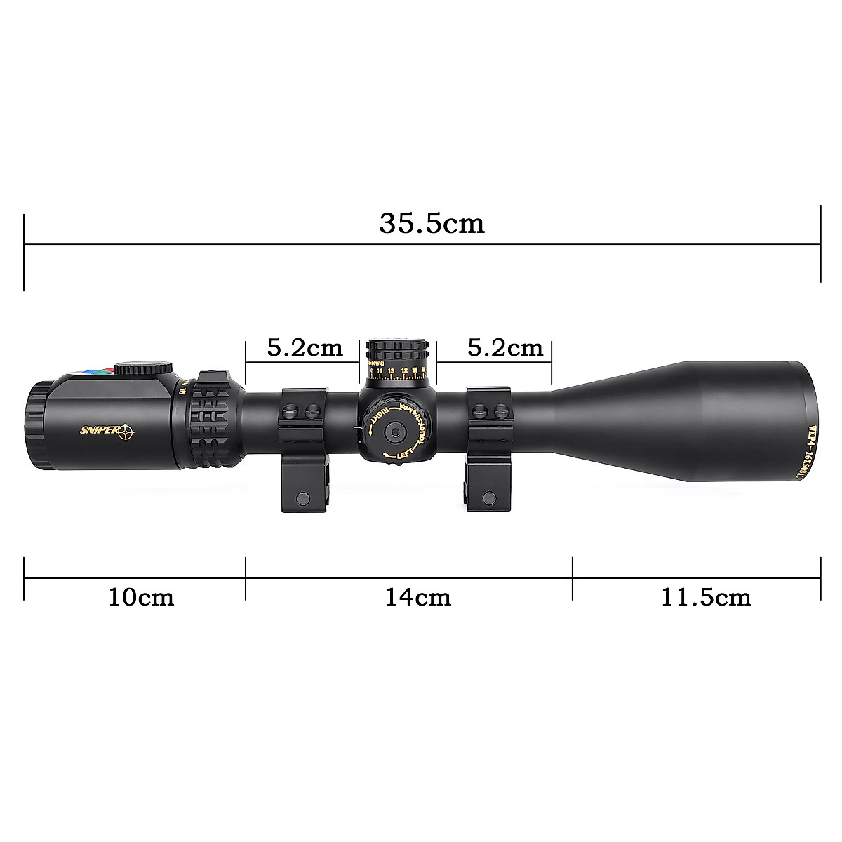 SNIPER Scope WKP 4-16x50 W Side adjustment. Red/Green Illumination reticle. Comes with extended sunshade and Heavy Duty Ring Mount and lens cover