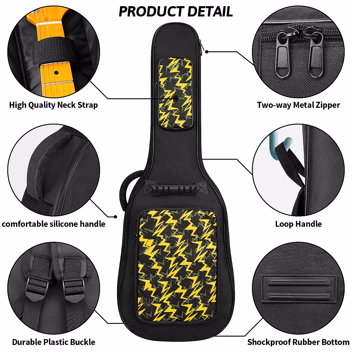 LETSROCK 39 Inch Electric Guitar Bag Case 0.38 inch Thick Padding with Neck Strap Adjustable Shoulder Strap Waterproof Yellow Lightning Shape&Black Electric Guitar Gig Bag