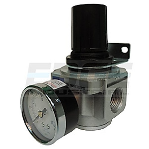 HEAVY DUTY IN-LINE COMPRESSED AIR PRESSURE REGULATOR FOR AIR COMPRESSOR, 7 TO 215 PSI ADJUSTABLE, HIGH FLOW RATE, WALL BRACKET AND GAUGE INCLUDED (3/4" NPT, 140 CFM)