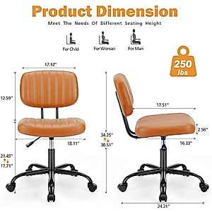 Armless Desk Chair - Small Home Office Chair with Wheels, PU Leather Low Back Task Chair with Lumbar Support, Adjustable Height 360° Rolling Swivel Computer Chair without Arm for Small Space