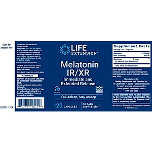 Life Extension Melatonin IR/XR 120 Capsules - Immediate & 7 Hour Extended-Release - Night Time Supplement - Supports Staying Asleep - Non-GMO, Gluten-Free