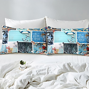 Erosebridal Nautical Theme Duvet Cover King Seashell Conch Starfish Bedding Set Sea Ocean Animal Comforter Cover 3D Beach Theme Patchwork Decor Bed Sets Coastal Lodge Cabin Bedding (No Comforter)