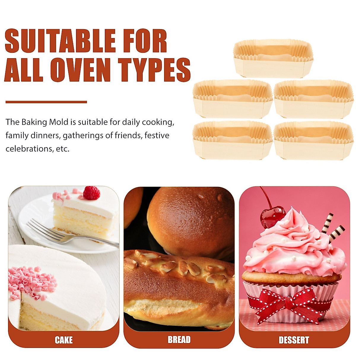 Luxshiny 5Pcs Wooden Baking Molds, Disposable Loaf Pans with Paper Liners Grease Proof Wood Containers Food Baking Pan For Banana Bread Meatloaf