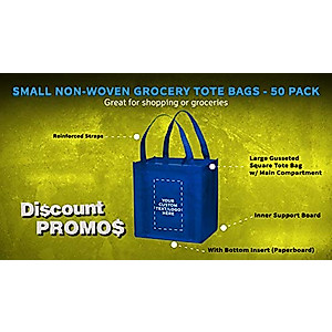 DISCOUNT PROMOS Custom Reusable Grocery Tote Bag for Shopping - 50 Pack - Personalized Logo, Text -Small Foldable Bags – Blue
