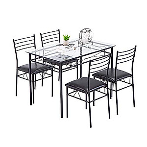 SSLine 5-Piece Glass Dining Table Set with 4 Chairs Small Space Kitchen Table Modern Simple Dining Room Dinette Sets w/1 Tempered Glass Top/Metal Frame Table and 4 Leather Cushion Seat Dining Chairs