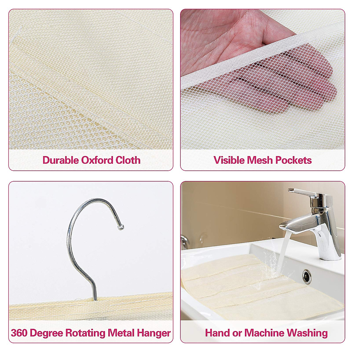 Hanging Mess Pockets Dual Sided Wall Shelf Wardrobe Organizers Storage Bags,Closet Hanging Organizer with 36 Mesh Pockets & Rotating Metal Hanger,for Bra Underwear Underpants Shoes Sock (Beige)