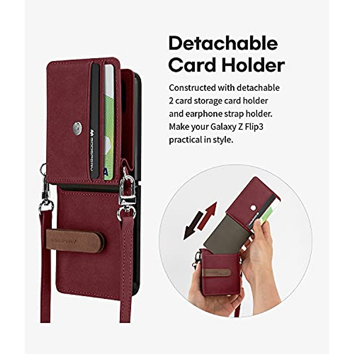 GOOSPERY Wallet Case Compatible with Galaxy Z Flip 3, Detachable Card Holder 2 Card Pocket Storage Premium PU Leather Adjustable Cross-Body Strap Attached Earbud Cord Organizer (Burgundy)