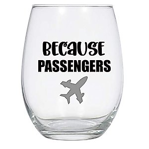 Laguna Design Co. Because Passengers Wine Glass, 21 Oz, Flight Attendant Wine Glass, Pilot Wine Glass, funny stewardess gift Black and Silver
