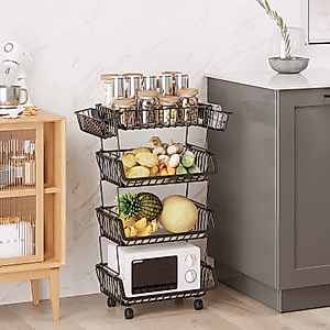 JIUYOTREE 4-Tier Fruit Basket Cart with Wheels, Metal Wire Fruit Vegetable Storage Basket Organizer with Two Free Baskets for Kitchen,Pantry, Garage, Black
