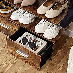 usikey Vertical Shoe Rack, 3-Tier Wooden Shoe Racks with 3 Bottom Drawers & 2 Hooks, Shoe Storage Shelf, Modern Shoe Rack Organizer for Entryway, Hallway, Closet, Rustic Brown