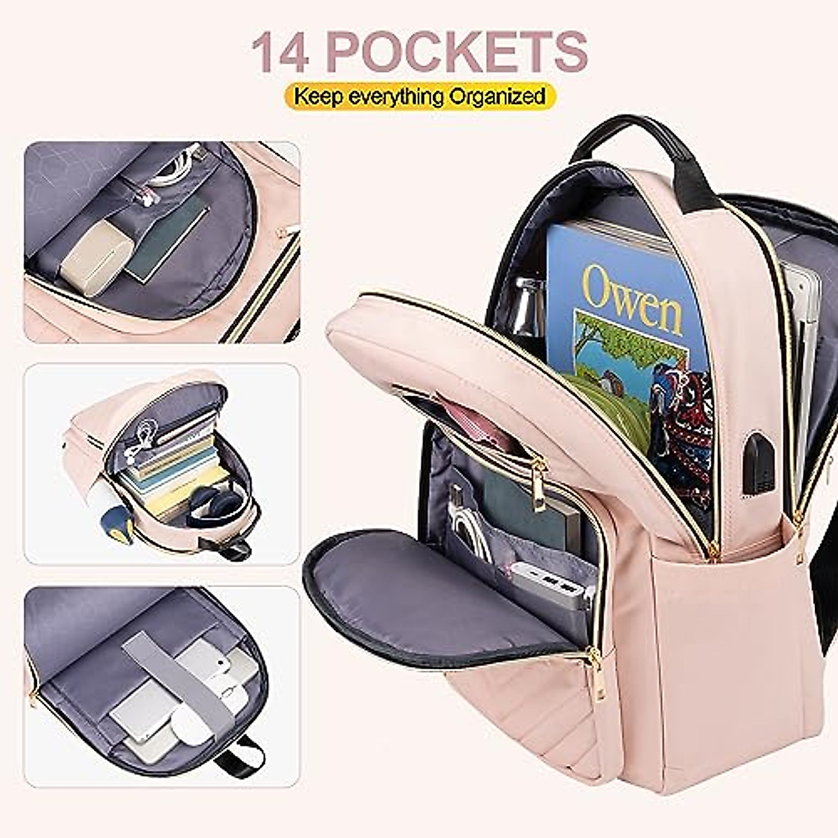 Bonioka Laptop Backpack for Women, Laptop Bag Travel Backpacks for Work Travel 15.6 Inch with USB Charing Port Luggage Strap Pink
