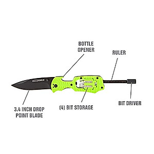 OEMTOOLS 25541 Cut and Drive Multi Tool, Drop Point Knife, Screwdriver, Bit Set, Ruler, and Bottle Opener, EDC, Contractor, HVAC Tool, Green and Black
