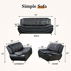 EZLUX Modern 3-Piece Faux Leather Sofa Set Living Room Furniture, with Sturdy Leg Support, Including Three-Seater Couch, Loveseat and Single Chair, Black