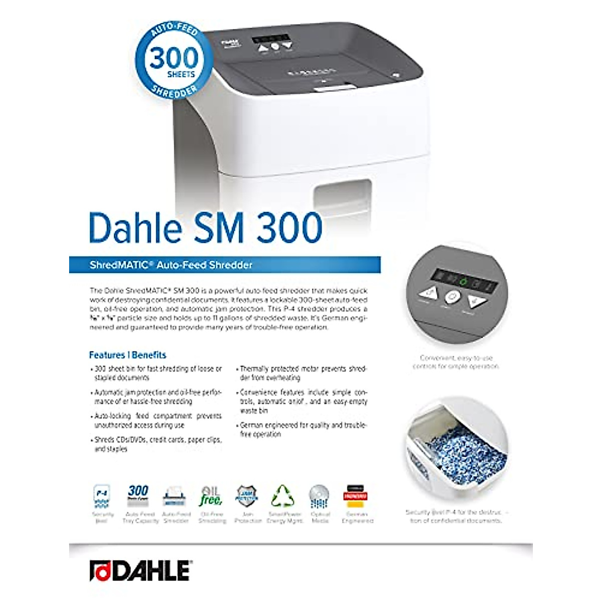 Dahle ShredMATIC SM 300 Auto-Feed Paper Shredder, 300 Sheet Locking bin, Oil-Free, Jam Protection, Security Level P-4, 3-5 Users