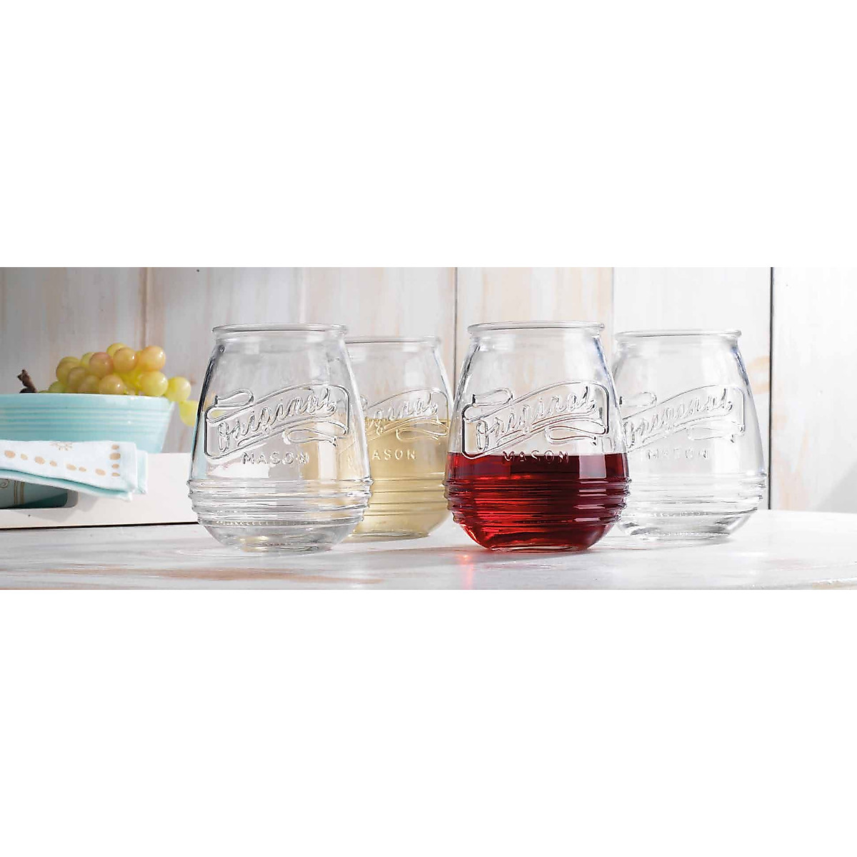 Glaver's Stemless Wine Glasses 21 Oz. Set Of 4 Original Mason Vintage Goblet Beverage Glasses Uses For Your Cocktail Lounge, Whiskey Parties, and Everyday Dinner Table. Dishwasher Safe.