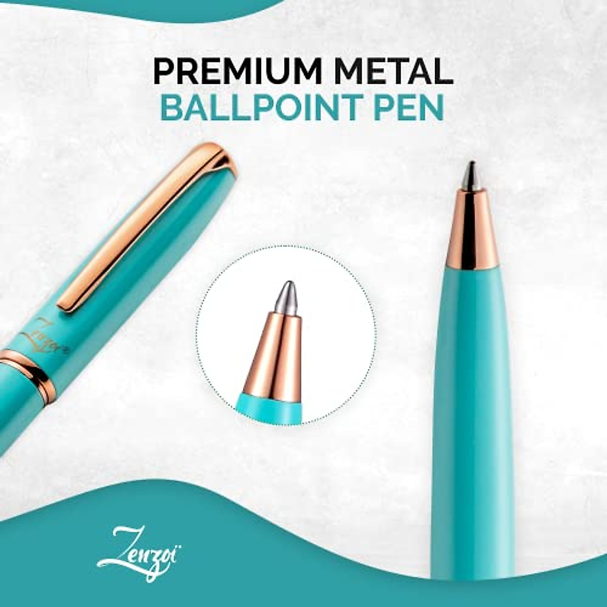 ZenZoi Turquoise Luxury Ballpoint Pen – Fancy Pen for Women W/Rose Gold Trim, Nice Gift Box & Schmidt Ball Point Ink Refills. Retractable, Executive Writing Pens For Journaling, Note Taking, Office