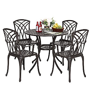Nuu Garden 5 Pieces Patio Dining Set, Cast Aluminum Outside Table and Chairs with 4 Chairs and 33 Inch Round Bistro Table with Umbrella Hole for Backyard Deck Lawn and Garden Antique Bronze