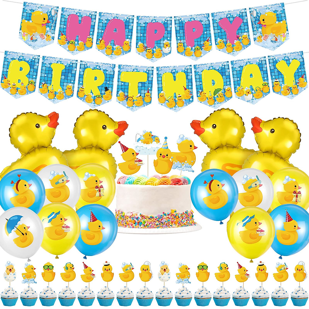 Leitee 57 Pcs Duck Birthday Decorations Latex Duck Balloon Duck Shape Foil Balloon Happy Birthday Garland Banner Duck Cake Topper Cupcake Topper Duck Decor Rubber Duck Themed Party Supplies (Novel)