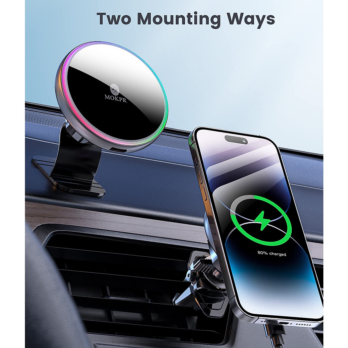 MOKPR for Magsafe Car Mount Charger-15W Wireless Car Charger-Magnetic Car Phone Holder for Dash Air Vent-LED RGB HandsFree Car Mount Fast Car Charger for iPhone 15/14/13/12 Series