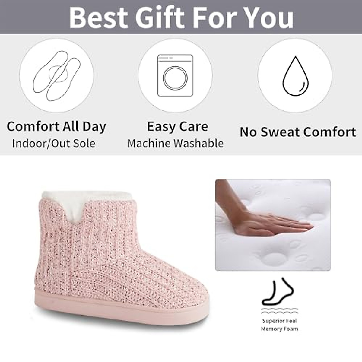 WOJWSKI Women's Knit Bootie Slippers Winter Warm Plush Fleece Memory Foam House Shoes with Comfy Plush Lining(Pink7-8)