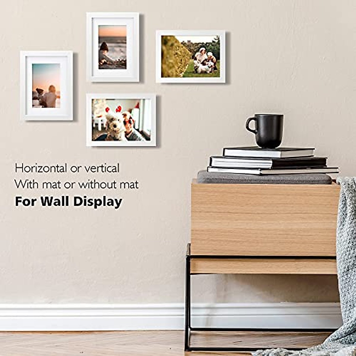 KINLINK 6x8 Picture Frames White, Photo Frames with Real Glass for Picture 4x6 with Mat or 6x8 without Mat, Composite Wood Picture Frames for Table Top and Wall Mounting, Set of 4