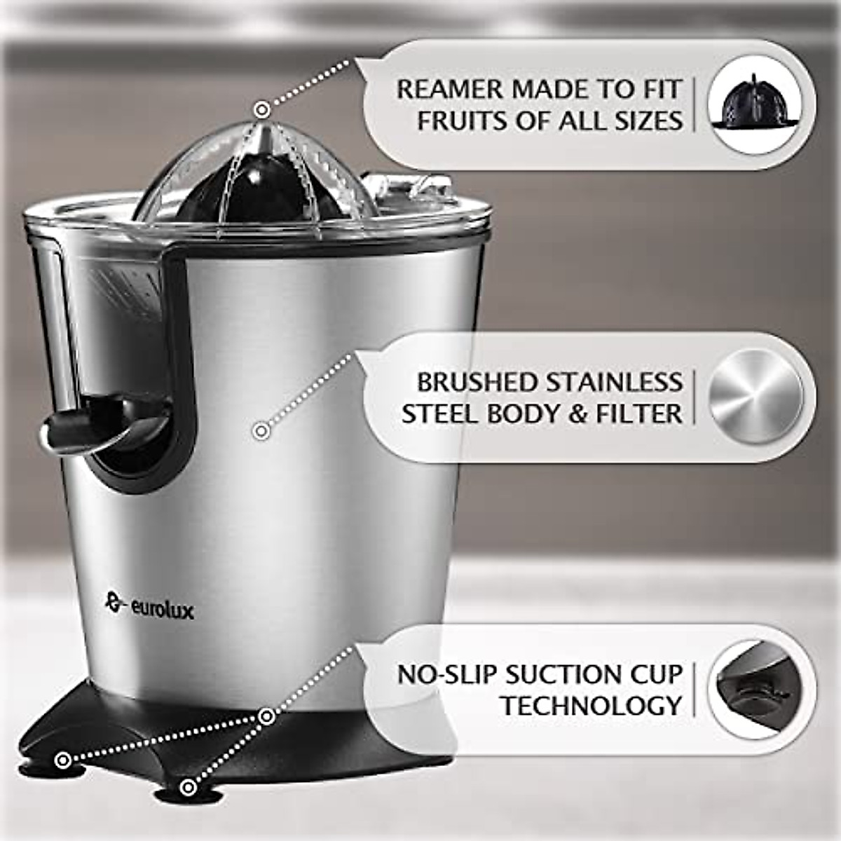 Eurolux Electric Citrus Juicer Squeezer, for Orange, Lemon, Grapefruit, With 160 Watts of Power, Brushed Stainless Steel