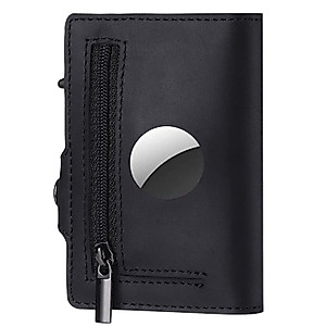 TNE Airtag Wallet (Airtag not Included) Genuine Leather Credit Card Money Holder Automatic Pop Up Mini Aluminum Wallet with Zipper Coin Pocket | Airtag Case Men or Women Air Tag Cover (Black)