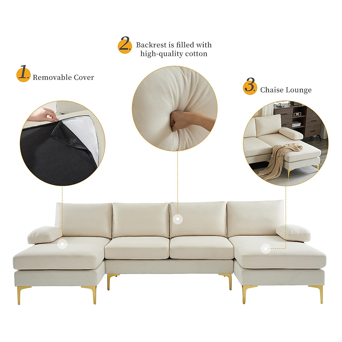 VERYKE Sectional Sofa Couch for Living Room, U Shaped Modern Sectional Sofa with Double Chaise,Minimalist Sectional Couch with Metal Leg for Home Office,Apartment (Linen Cream White)