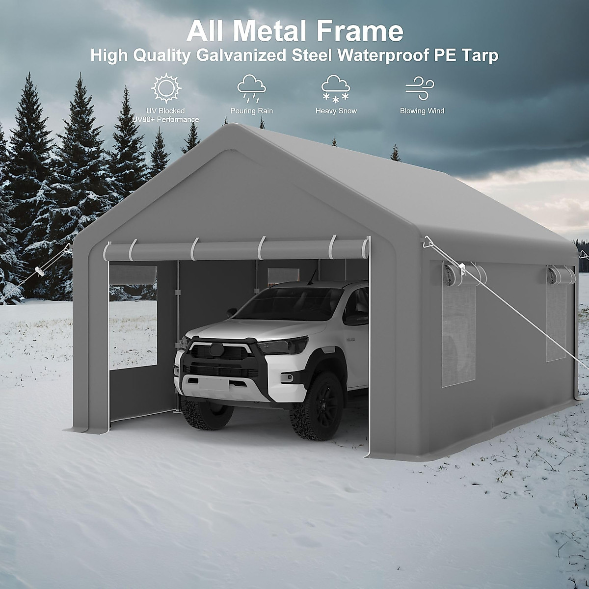 Carport 10x20ft Portable Upgraded Garage，Heavy Duty Carport with 2 Roll-up Doors & 4 Ventilated Windows, UV Resistant All-Season Waterproof Tarp, Reinforced Steel Poles, for Car, Truck, Boat