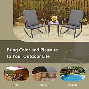 Tangkula 3 Pieces Patio Rocking Bistro Set, PE Rattan Rocking Chairs with Tempered Glass Side Table, Outdoor Wicker Conversation Set with Zippered Cushion for Patio, Garden, Poolside (Mix Gray)
