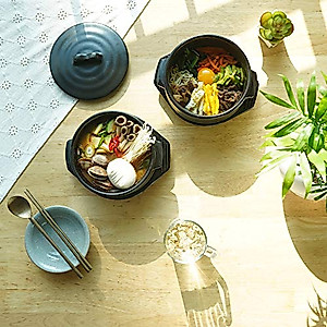 ElinCube Premium Korean Stone Bowl with Lid & Platter, Clay Pot for Cooking Hot Pot Dolsot Bibimbap and Soup Cookware