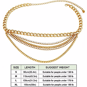 Glamorstar Multilayer Chain Belts for Women Rhinestone Waist Belt Punk Gorgeous Chain for Ladies Dresses Gold 110CM