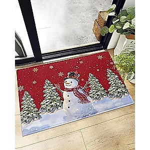 Yun Nist Christmas Snowman Bathroom Rug,Xmas Tree Red Soft Shag Rug Non Slip Doormat,Winter Snowflakes Absorbent Carpet Furry Cozy Floor Mat for Kitchen Bedroom Living Room 20x31.5in