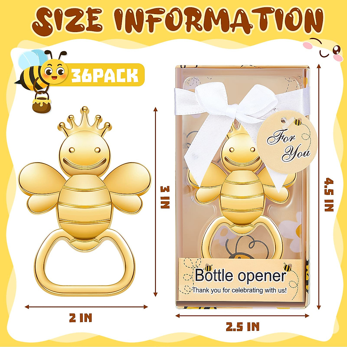 36 Sets Bee Bottle Opener Bee Shaped Wedding Party Favor Souvenirs Beer Bottle Openers for Baby Shower Gender Reveal Bridal Birthday Party Decorations and Supplies