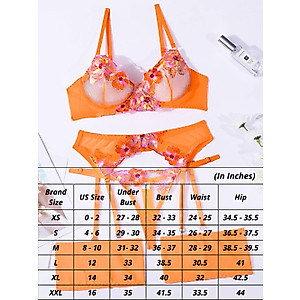 Kaei&Shi Glow in the Dark Lingerie for Women,Underwire Floral Embroidered Sexy Lingerie Set,Blacklight Matching 4 Piece Lingerie Petite Neon Orange X-Small