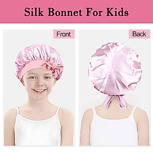 Arqumi Pack of 2 Satin Sleeping Bonnet for Kids, Soft Satin Sleep Bonnet with Elastic Strap, Adjustable Sleep Cap Hair Bonnet for Children, Pink+Purple