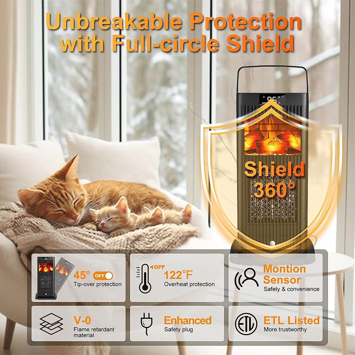 Space Heater, 2024 Small Space Heaters for Indoor Use, Oscillating Electric Heater with Infrared Sensor & 3D Flame Effect as Mini Fireplace, 1500W ECO Portable Heater for Office/Bedroom/Home/Garage