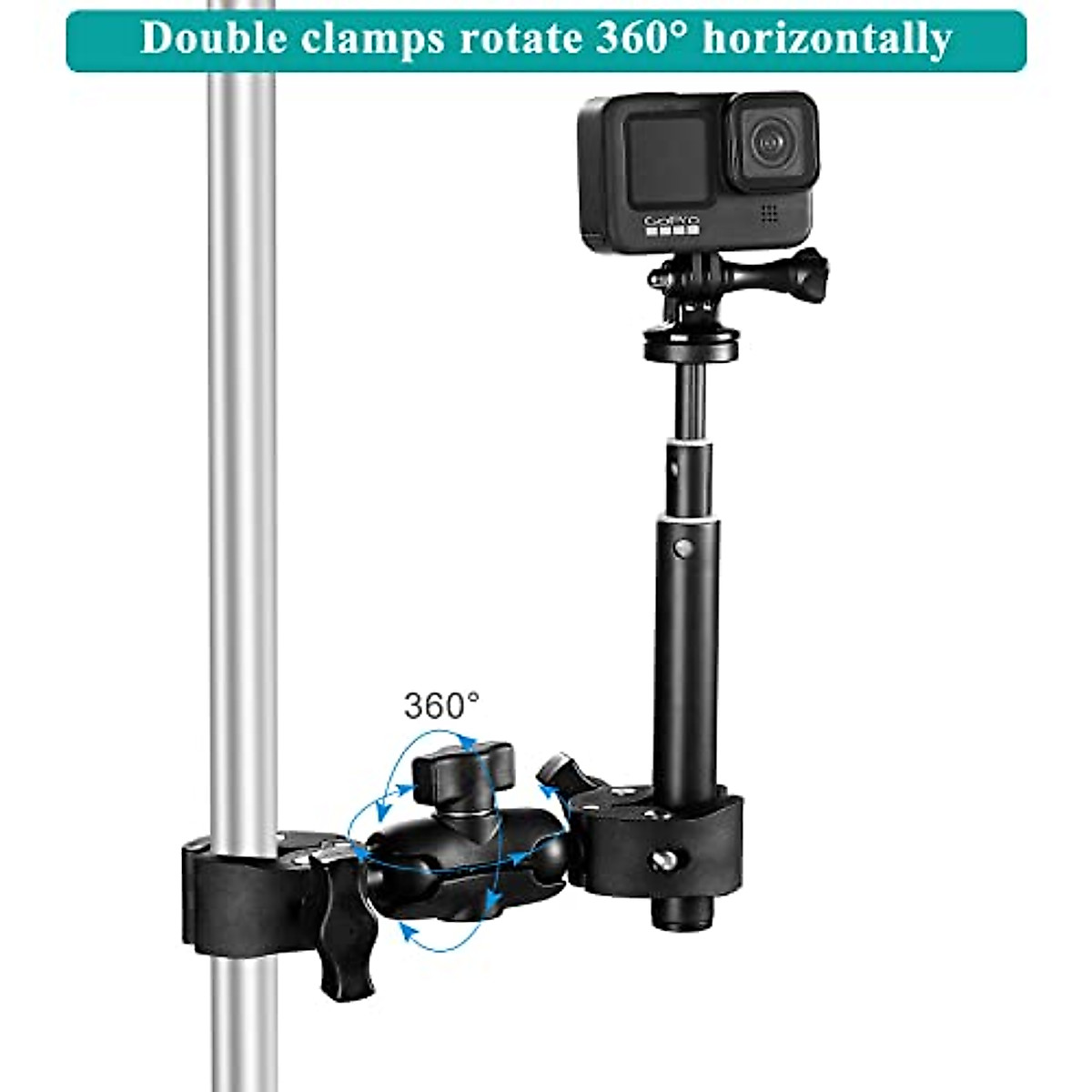 Super Clamp Double Camera Clamp, Crab Plier Clip Bracket Mount Monitor 360° Magic Arm Double Ball Head Adapter with 1/4"-20 for Photo Studio Light Stand/Umbrella Clamp/Motorcycle/ Insta360/ Gopro