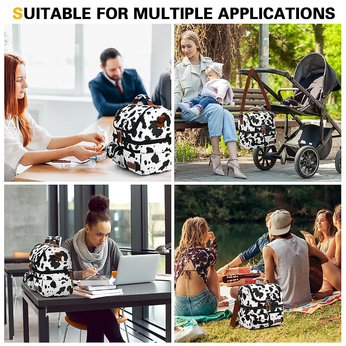 LOKASS Lunch Box for Women-Double Deck Insulated Adults Lunch Bag with Removable Shoulder Strap-Cow Print Cute Wide Open Lunch Tote for Work/Office/Picnic/Beach/Travel