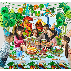 Dinosaur Birthday Decorations Kit For Boys Dinosaur Party Supplies Dino Backdrop Plates Cups Napkins Banner Balloon Tablecloth Cake Toppers