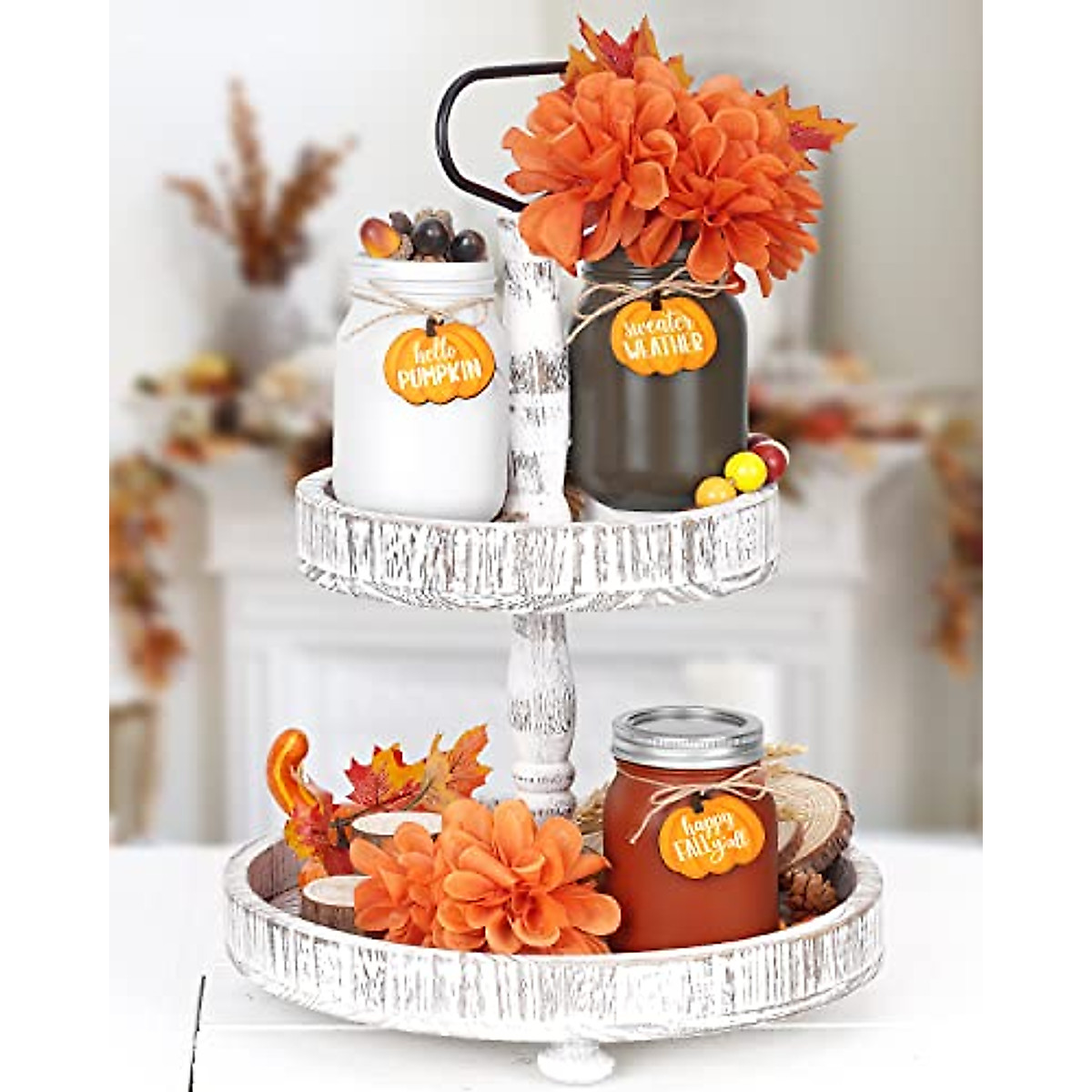 Nefelibata Fall Mason Jar Floral Arrangement Table Centerpiece with Faux Maple Leaves Pumpkins Slices Autumn Farmhouse Decor Tiered Tray Happy Fall Y'all Home Ornaments Set of 3 Orange-White-Brown