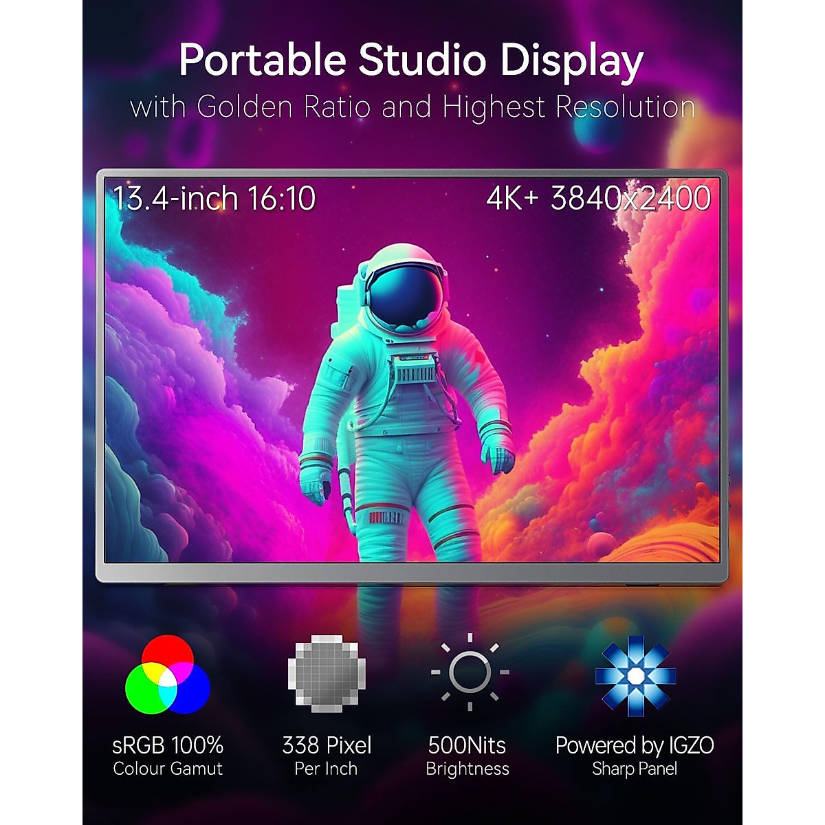 Intehill 4K Portable Monitor for Laptop, MacBook and Mini PC High-end 13.4 inch Small Computer Monitor with Golden Ratio 16:10 and Resolution 3840x2400 U13NA