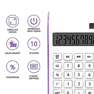 Purple Calculator, UPIHO Purple Office Supplies and Accessories, 10 Digits Solar Battery Basic Office Calculator, Dual Power Desktop Calculator with Large LCD Display, Purple Office Supplies