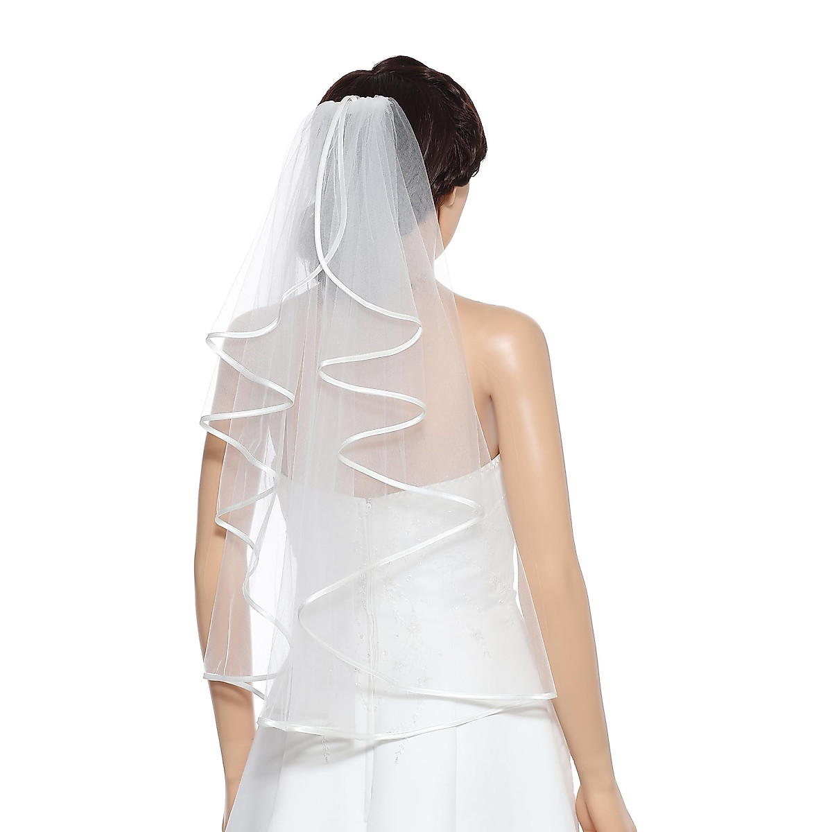 SAMKY Elegant 1T 1 Tier Ribbon Cascade Waterfall Veil - White Short Shoulder Length 20" V604