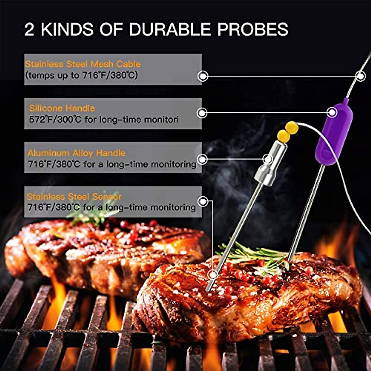 Bluetooth Meat Thermometer, Wireless BBQ Thermometer, Digital Cooking Thermometer for Grilling Smart APP Control with 6 Stainless Steel Probes, Support iOS & Android (Blue)