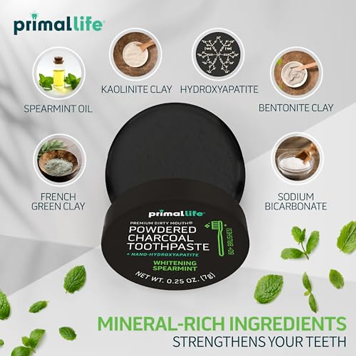 Primal Life Organics - Dirty Mouth Toothpowder, Activated Charcoal Tooth Cleaning Powder, Essential Oils with Kaolin & Bentonite Clay, 200+ Brushings, Organic, Vegan (Black Spearmint, 0.25 oz)