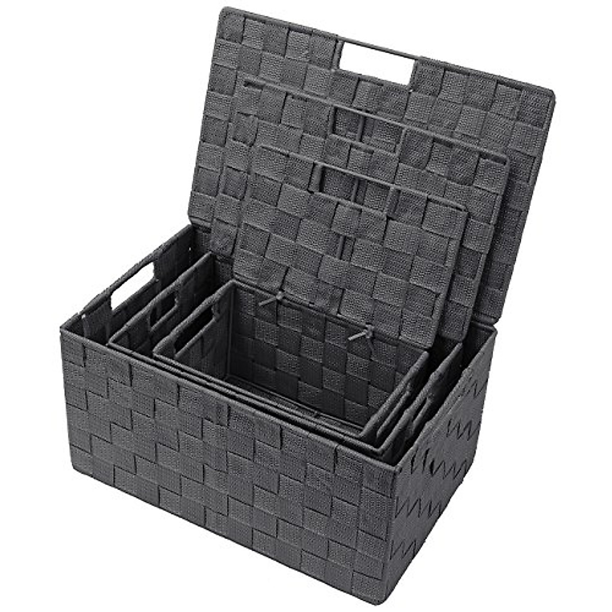 Sorbus Storage Box Woven Basket Bin Container Tote Cube Organizer Set Stackable Storage Basket Woven Strap Shelf Organizer Built-In Carry Handles (Lid Bins - 3 Pack, Gray)